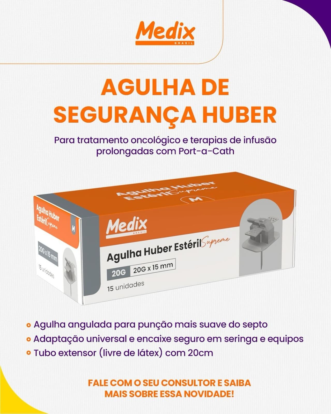 AGULHA DE HUBER 20G 15MM C/15 UNID C/DISP DE SEGURANÇA, MEDIX | Medicom